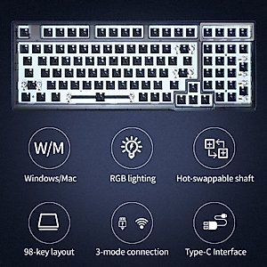 Gk98 RGB Mechanical Keyboard DIY Kit Hot-Swappable Three-Mode Wired 2.4g BT5.0 Custom Keyboard Compatible with Akko, Cherry Mx, Gateron, Kailh Mechanical Axis (Transparent Black)
