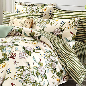 FADFAY Shabby Floral Bedding Set Queen Size 7Pcs 100% Cotton Green Cream Flower Bed Sheets with Duvet Cover Set, Complete Bedding Bed in a Bag Vintage Countryside Ultra Soft Deep Pocket Fitted Sheets