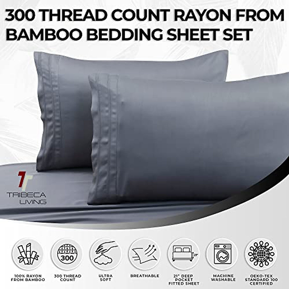 Tribeca Living BAMB300SSQUST 300 TC Rayon from Bamboo Deep Pocket Sheet Set, 4 Piece, Steel Grey