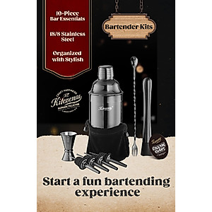 KITESSENSU Black Cocktail Shaker Set Drink Mixer | 10-Piece Bartender Kit: 24 Ounce Margarita Shaker, Double Jigger, Muddler, 4 Liquor Pourers, Alcohol Mixer Spoon, Velvet Bag, Recipes Booklet
