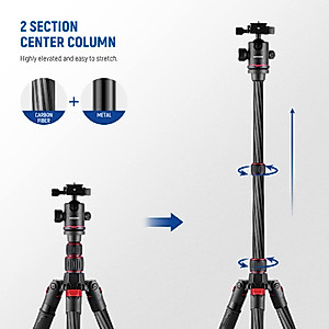Neewer 79 Inches Carbon Fiber Camera Tripod Monopod with 2 Center Axis, 360 Degree Ball Head, 1/4 inch Quick Shoe Plate and Bag for DSLR Camera Video Camcorder Travel and Work，Load up to 26.5 pounds
