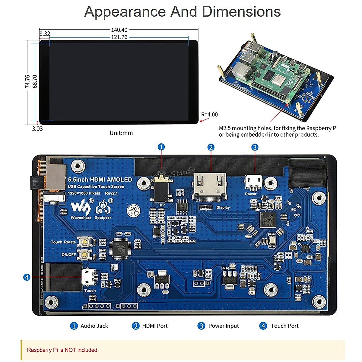 5.5 inch HDMI AMOLED Display with Toughened Glass Cover 1920x1080 Capacitive Touch HDMI Interface Supports Mini PC Raspberry Pi 4 3 2 1 Model B B+ A+ Computer Monitor @XYGStudy