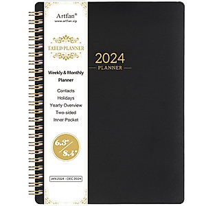 Planner 2024 - Planner/Calendar 2024, Jan.2024 - Dec.2024, 2024 Planner Weekly & Monthly with Tabs, 6.3" x 8.4", Hardcover + Back Pocket + Twin-Wire Binding, Daily Organizer - Mystic Black