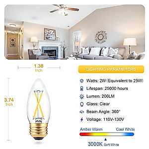 B11 E26 Candelabra LED Bulbs 25 Watt Equivalent, Dimmable LED Chandelier Light Bulbs, Soft White 3000K, 2W 200LM, Decorative Candle Filament Bulb for Ceiling Fan Pandent Lights, 3-Pack