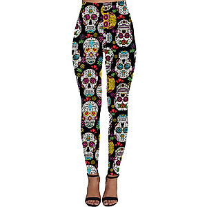Halloween Womens Leggings Day of The Dead Sugar Skull Printed Stretchy High Waist Pants S