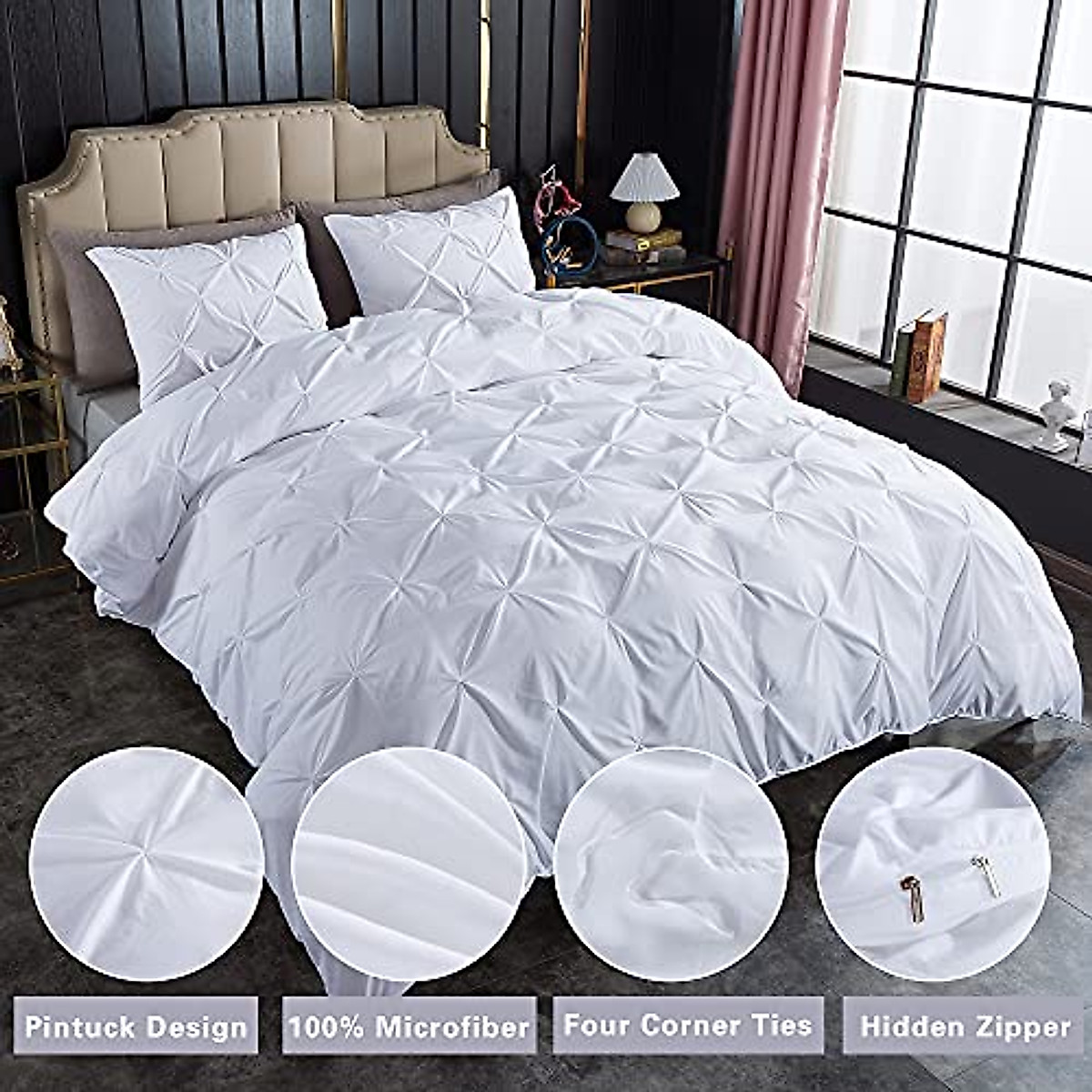 Litanika White Queen Pinch Pleat Duvet Cover, 3 Pieces Pintuck Cover Soft Microfiber Bedding Set with Zipper Closure & Corner Ties(90x90Inch-1 Duvet Cover, 2 Pillowcases)