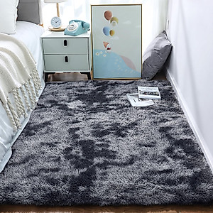 Ophanie Tie Dye Black and Grey Area Rugs for Bedroom Living Room, Fluffy Shag Fuzzy Carpet, Plush Shaggy Rug, 4x6 Indoor Carpet for Kids Boys Dorm Home Decor Aesthetic, Nursery