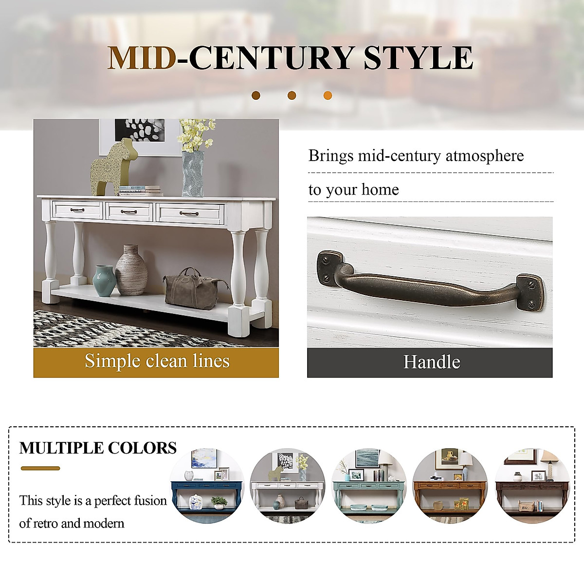 Lecafur HL 63 inch Long Console Table,Wood Entry Table with Storage Extra-Thick Sofa Table with 3 Storage Drawers and 1 Shelves for Entryway Hallway Living Room (Antique White)