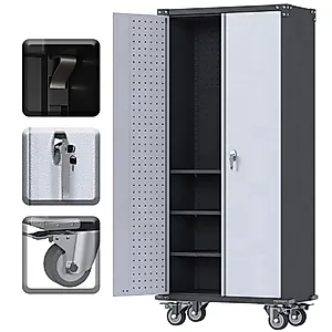 71" Pegboard Metal Garage Storage Cabinet with Wheels, Rolling Lockable Metal Tool Cabinet with Adjustable Shelves for Warehouse, Basement, Assembly Required