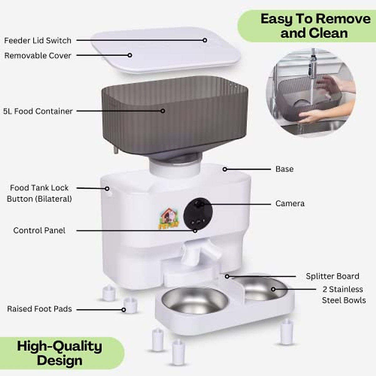 Automatic Cat Food Dispenser - with 1080p Wide Angle Smart Camera and WiFi - Automated Pet Feeder - Auto Timed Function with Portion Control - Dual Dishes for Multiple Cats