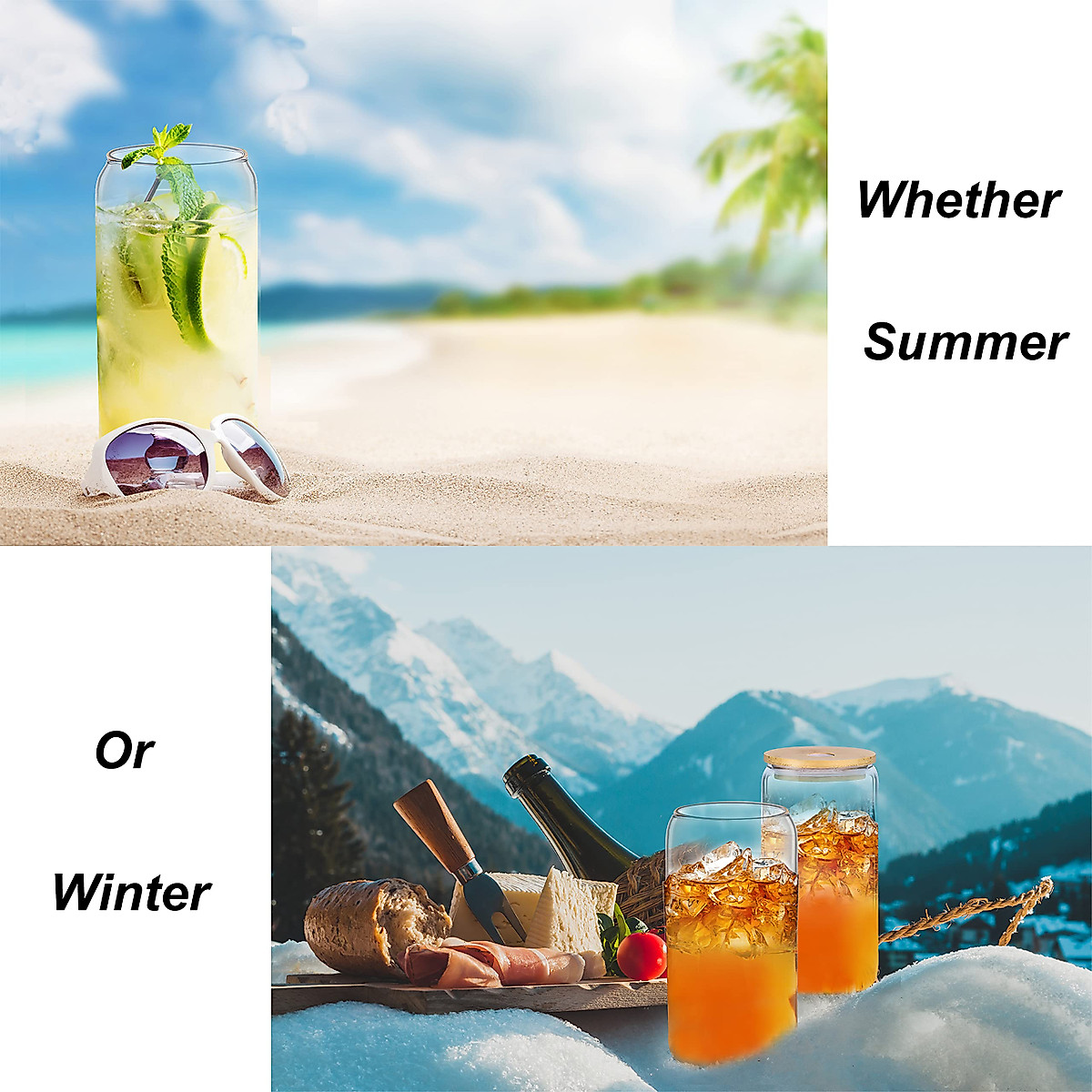 Glass Cups Bamboo Lids for Beer Can Glass 16oz, Drinking Glasses Beer Can Glasses Set of 4, Iced Coffee Cups, Beer Glass Cups, Beer Can Glass with Lids and Straw, Glass Cups with Lids and Straws