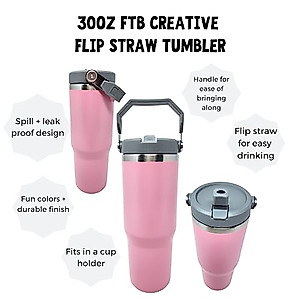 FTB Creative 30oz Flip Straw Insulated Tumbler, Double Wall Stainless Steel, Leak Proof Cup (Pink)