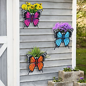 BAYN Set of 3 Butterfly Wall Hanging Planter Decor Art, Metal Wall Mounted Planters Garden Yard Decorative Flower Pot Indoor Outdoor Wall Planter Succulent Plant Container