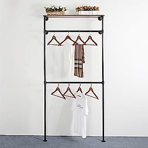 OUBITO Industrial Pipe Clothing Rack,Commercial Grade Pipe Clothes Racks,Heavy Duty Wall Mounted Closet Storage Rack,Hanging Clothes Retail Display Rack Garment rack,Black 1 Board With Crossbar