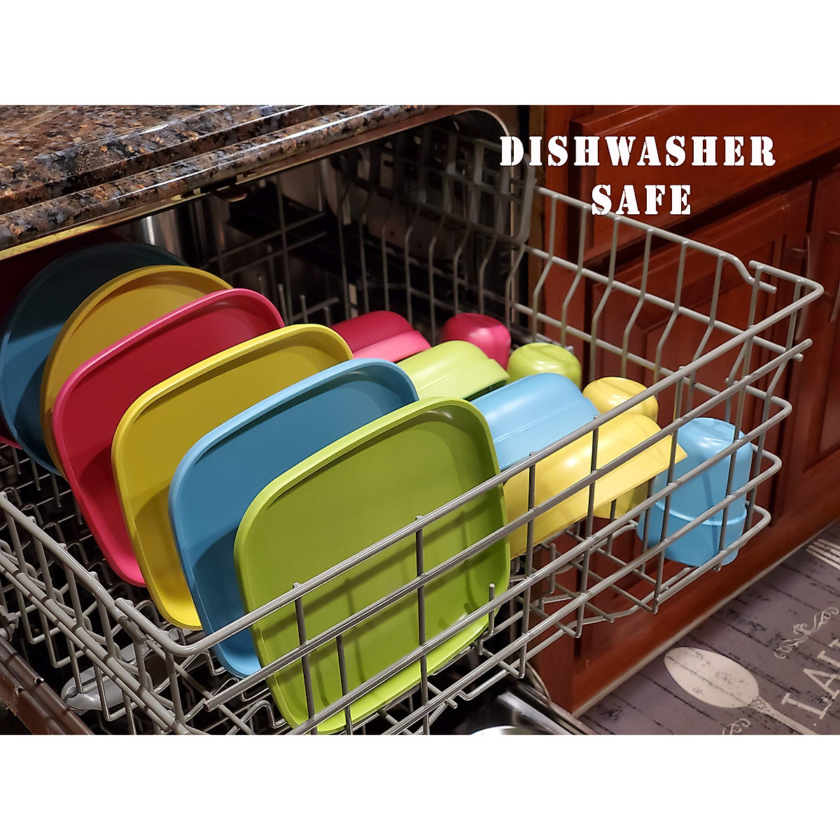 1 Click Bamboo Kids Plates, (4 Color Set), Stackable, Reusable, Deep sides for Easy Kids, Toddlers and Big Kids Feeding, Dishwasher Safe, Bamboo Dinnerware Set