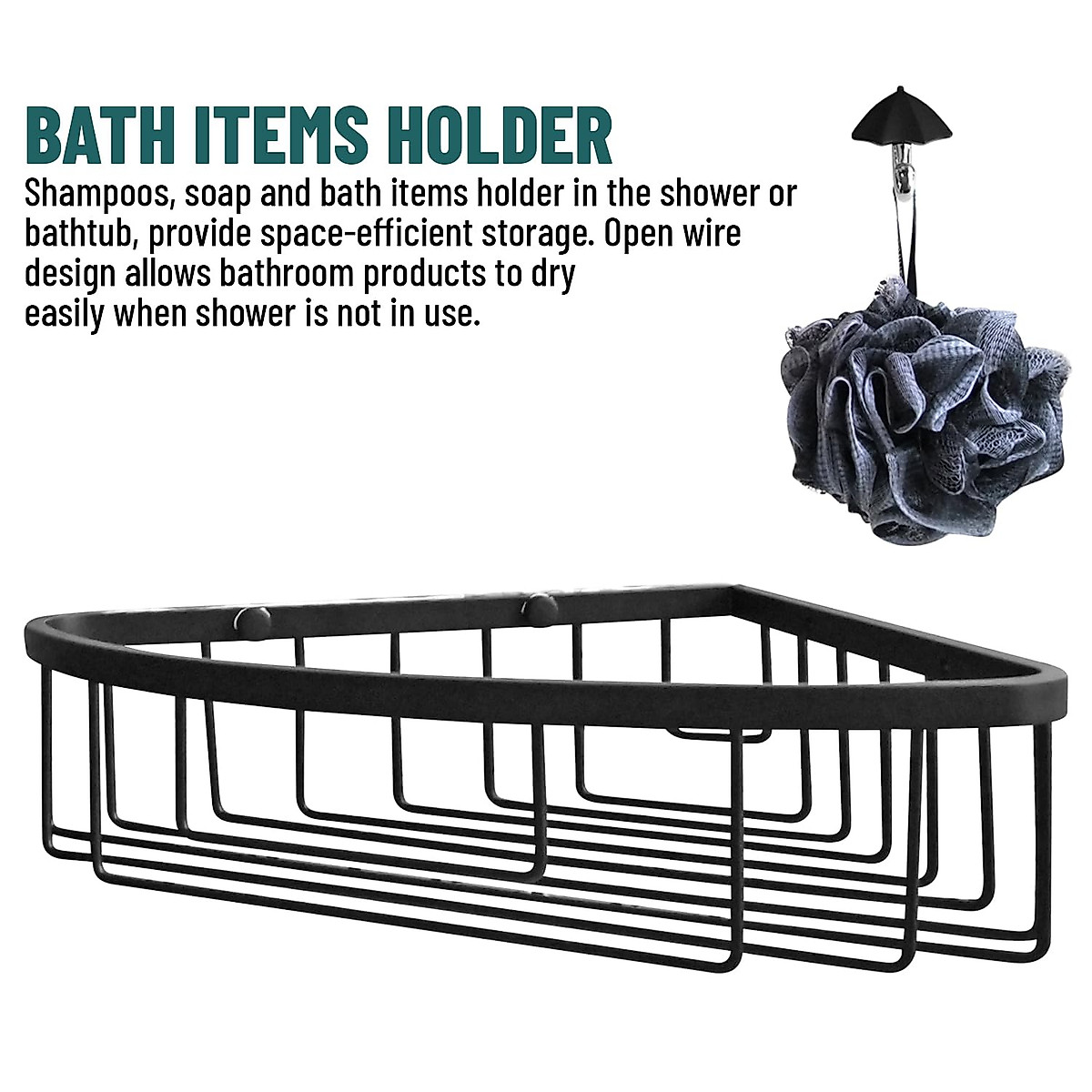 Stainless Steel Wall Mount Shower Caddy, Single Hook & Bath Wipe | Waterproof Durable Corner Shower Rack for Bathroom |Space Saving Bathroom Organizer & Storage for Shampoos Soap Bath Items | Black