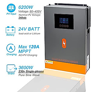 3600W Off-Grid Solar Inverter 24V All-in-one Hybrid Inverter Sine Wave Inverter Built-in 80A Controller for Home RV Shed Off-Grid System Support Utility/Generator/Solar Charge Lead-Acid Lithium