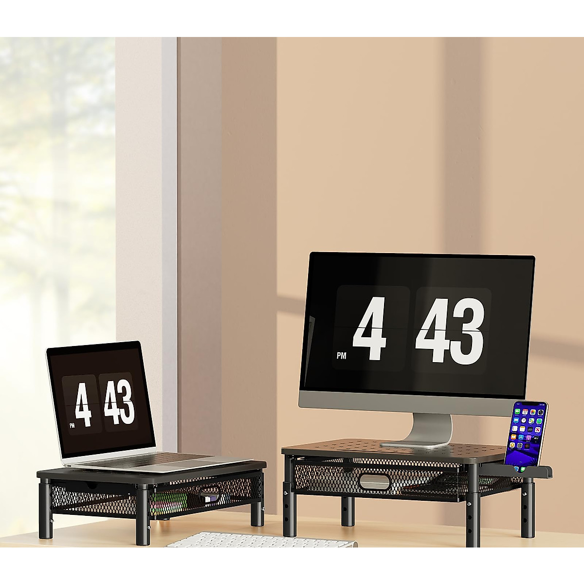 Zimilar Monitor Stand Riser with Metal Mesh Drawer, Height Adjustable Monitor Riser with Phone Holder for Computer, Laptop, Printer, Notebook, Premium Metal Computer Monitor Stand with Storage