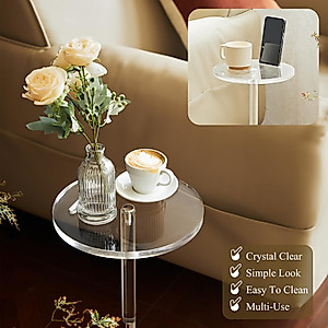 Acrylic Drink Table, Small Round Side Table for Small Space, Pedestal End Table with Phone Holder, Multi-Use Modern Accent Table, Martini/Cocktail Table for Living Room, 10"X21" Easy Assembly