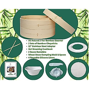 LUKARA Bamboo Steamer Basket – Dumpling Steamer Bamboo with Accessories – Bamboo Steamer 10 Inch with Silicone Steamer Liners, Cookbook, Chopsticks, Sauce Ramekins – Eco-Friendly Gift Set