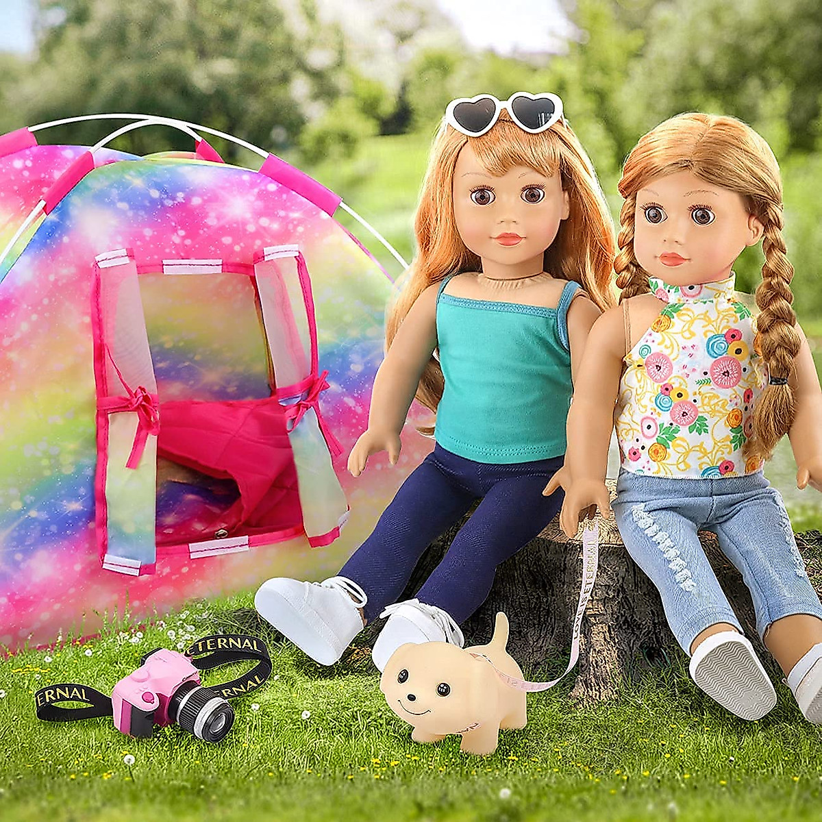 ZITA ELEMENT 7 Items Fashion Doll Camping Tent Set for 18 Inch Girl Doll Accessories - Including 18 Inch Doll Camping Tent, Sleeping Bag, Clothes Set, Shoes, Camera, EYE Glasses and Toy Dog