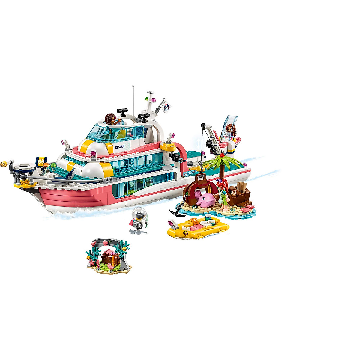 LEGO Friends Rescue Mission Boat 41381 Toy Boat Building Kit with Mini Dolls and Toy Sea Creatures, Rescue Playset Includes Narwhal Figure, Treasure Box and More for Creative Play (908 Pieces)