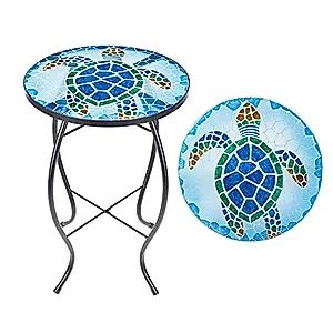 VCUTEKA Patio Side Table Outdoor Accent Table Bistro Coffee Table Plant End Table Small Porch Table Indoor Round Glass Balcony Plant Table Stands Sea Turtle