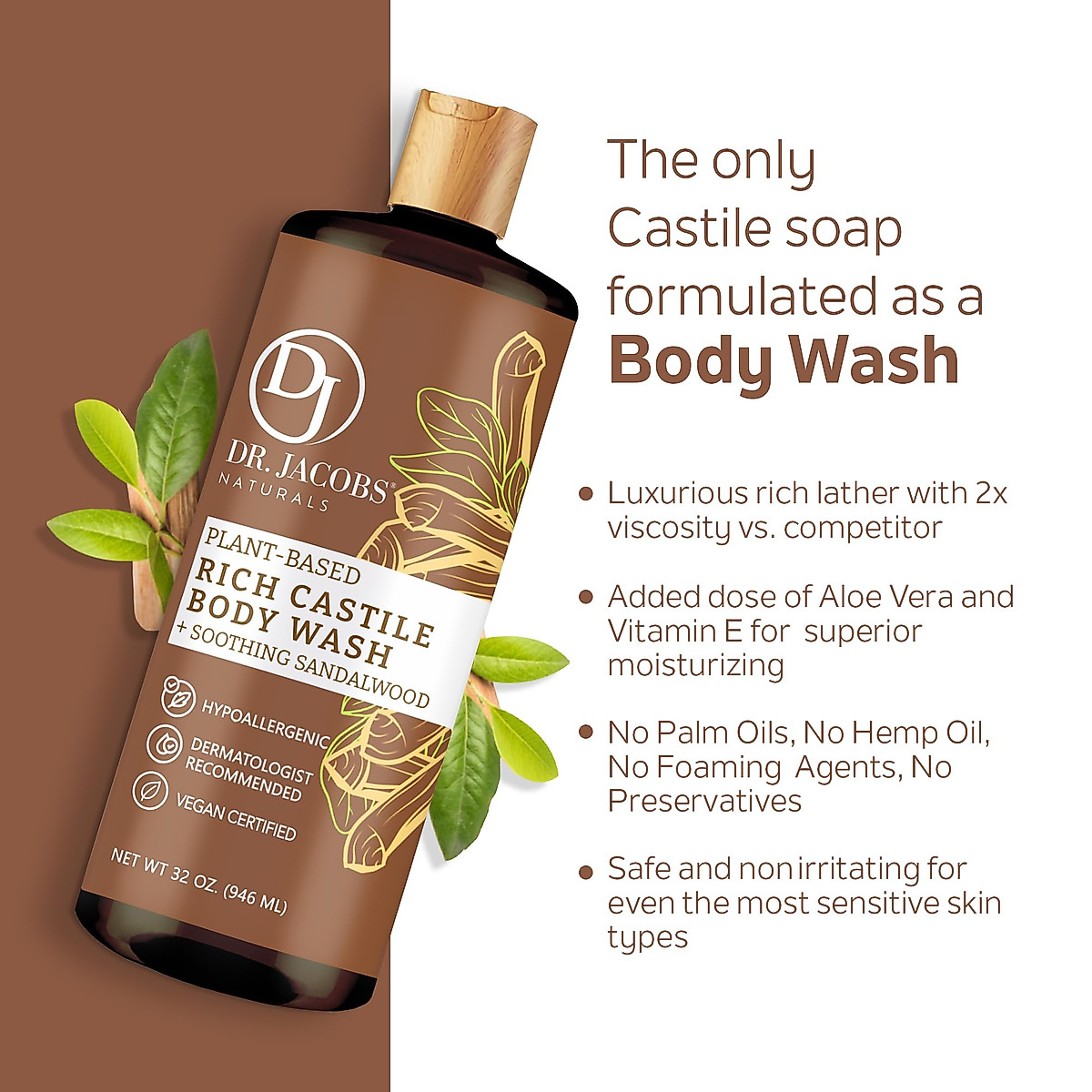 DR. JACOBS NATURALS Castile Sandalwood All-Natural Body Wash for Moisturizing Dry and Sensitive Skin Shampoo with Plant-Based Ingredients Gluten, Preservatives-Free Formula - 32 oz, Pack of 1