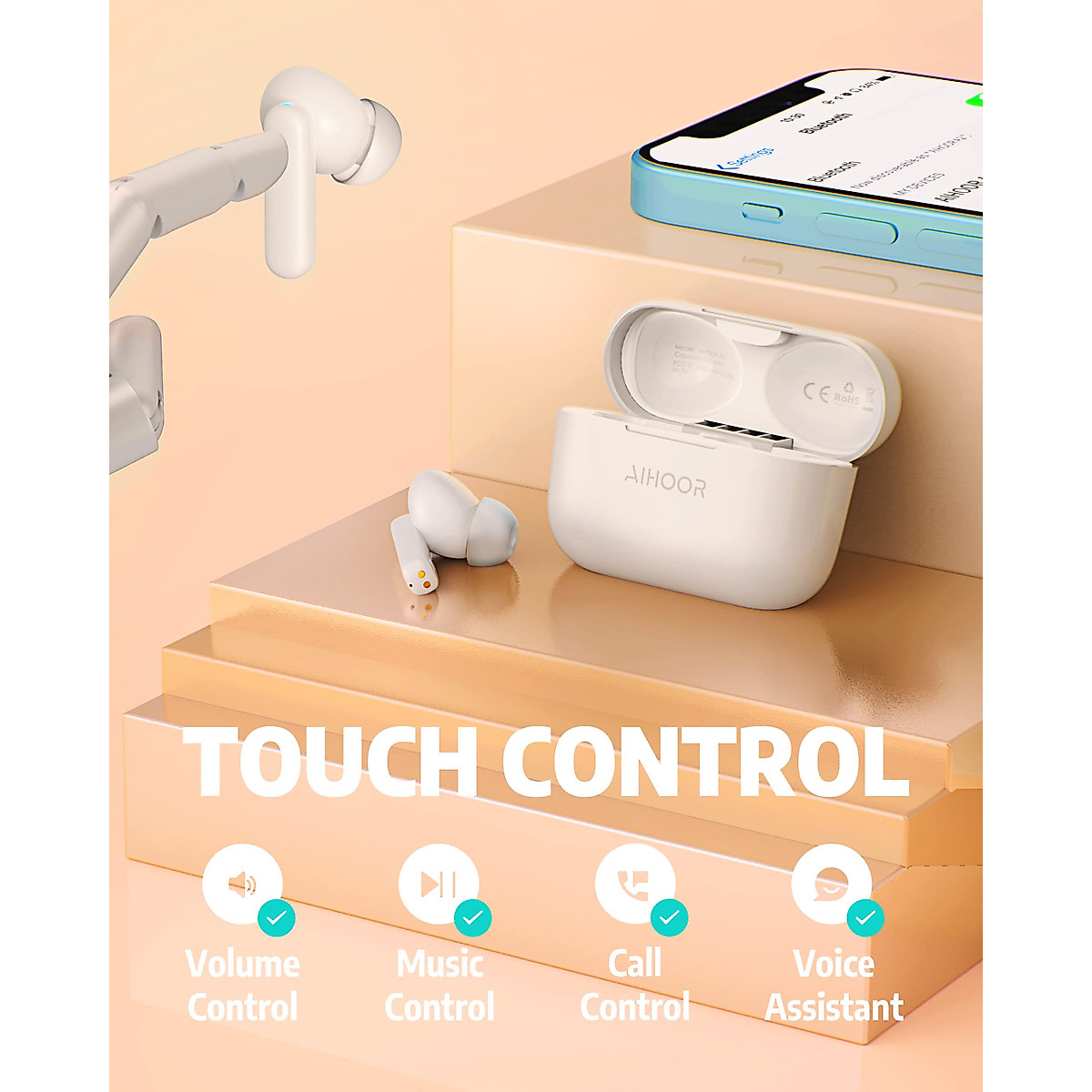 AIHOOR Wireless Earbuds for Music and Sports, Bluetooth 5.3 in-Ear Headphones with Extra Bass, Built-in Mic, Touch Control, USB Charging Case, 30hr Battery Earphones (High Gloss White)