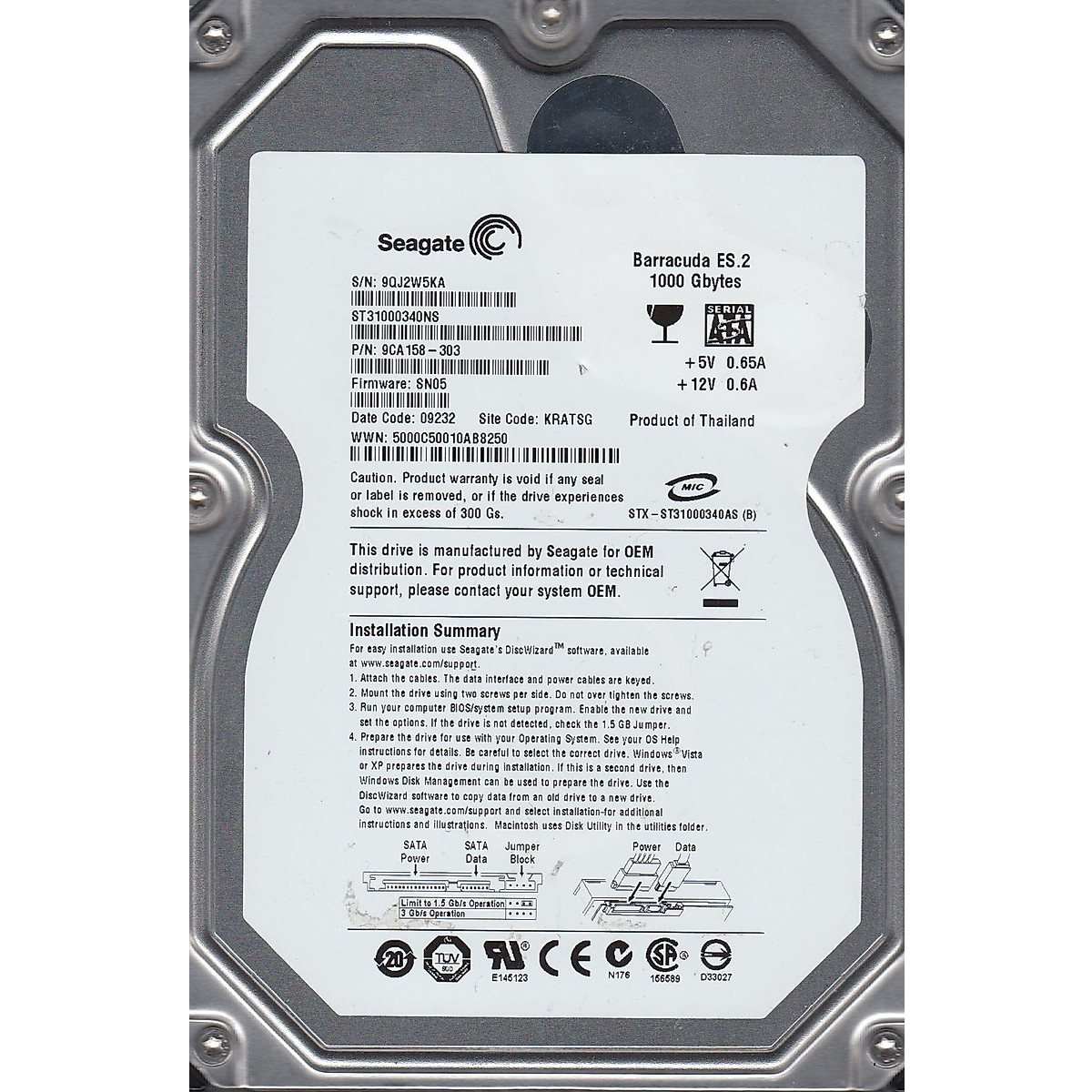 Seagate Barracuda ES 1 TB 7200RPM SATA 3Gb/s 32 MB Cache 3.5 Inch Internal Hard Drive ST31000340NS-Bare Drive