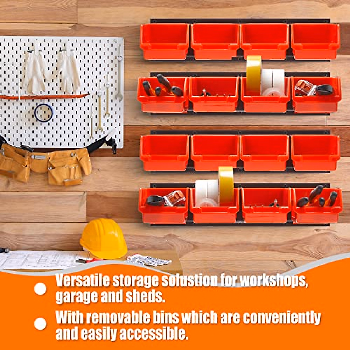 16 Pcs Plastic Wall Mounted Storage Bins (6.3inch x 3.2inch x 4inch) Hanging Stackable Storage with 4 Pieces Horizontal Shelf Trays Screw Organizers and Storage Bins Tool Organizers for Men Tools Gift