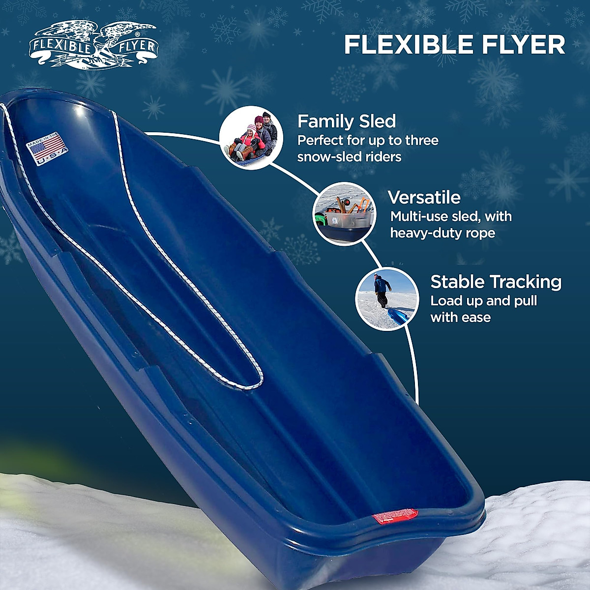 Flexible Flyer Winter Trek Large Pull Sled for Adults. Plastic Toboggan for Snow Sledding, Ice Fishing, Work, Blue, 66 x 20 x 6 inches