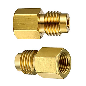 4 Pieces 6015 R134A Brass Refrigerant Tank Adapter to R12 Fitting Adapter 1/2 Female to 1/4 Male Flare Adaptor Valve Core and 6014 Vacuum Pump Adapter 1/4 Inch Flare Female to 1/2 Inch Male