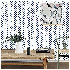 HAOKHOME Boho Peel and Stick Wallpaper Stripe Removable Navy/White Chevron Vinyl Contact Paper Mural for Home Decor 17.7in x 9.8ft