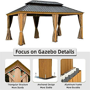 Evedy 12'x20' Hardtop Gazebo Outdoor Aluminum Wood Grain Gazebos with Galvanized Steel Double Canopy for Patios Deck Backyard,Curtains&Netting