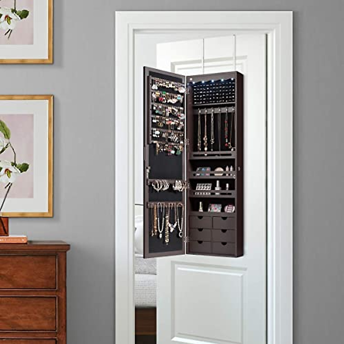 CHARMAID 5 LEDs Mirror Jewelry Armoire Wall Door Mounted, Lockable Jewelry Cabinet with 6 Drawers and Full Length Mirror, Large Capacity Jewelry Organizer Storage Jewelry Box with Drawers (Brown)