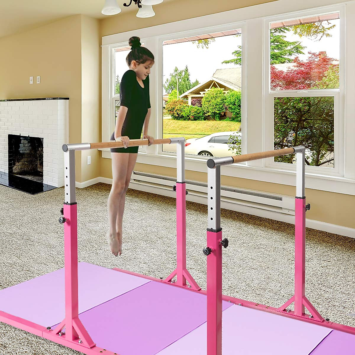 GOFLAME Double Horizontal Bars, Gymnastics Parallel Bars with Adjustable Height and Width, Junior Training Gym Bar for Kids, Ideal for Indoor Outdoor Use (Pink)