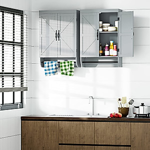 SRIWATANA Bathroom Storage Wall Cabinet Over The Toilet with Adjustable Shelf, Space Saver 2-Door Medicine Cabinet with Metal Bar, Gray