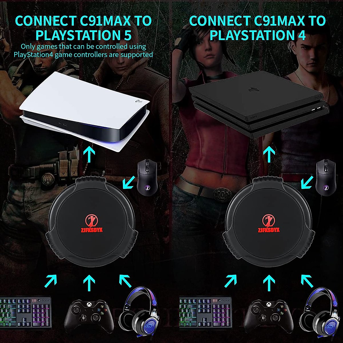 ZJFKSDYX C91MAX Keyboard Mouse Adapter Converter, Controller Adapter Converter for Xbox One, Xbox Series X/S, PlayStation 5, PlayStation 4 and Nintendo Switch【Support 3.5MM Headset】