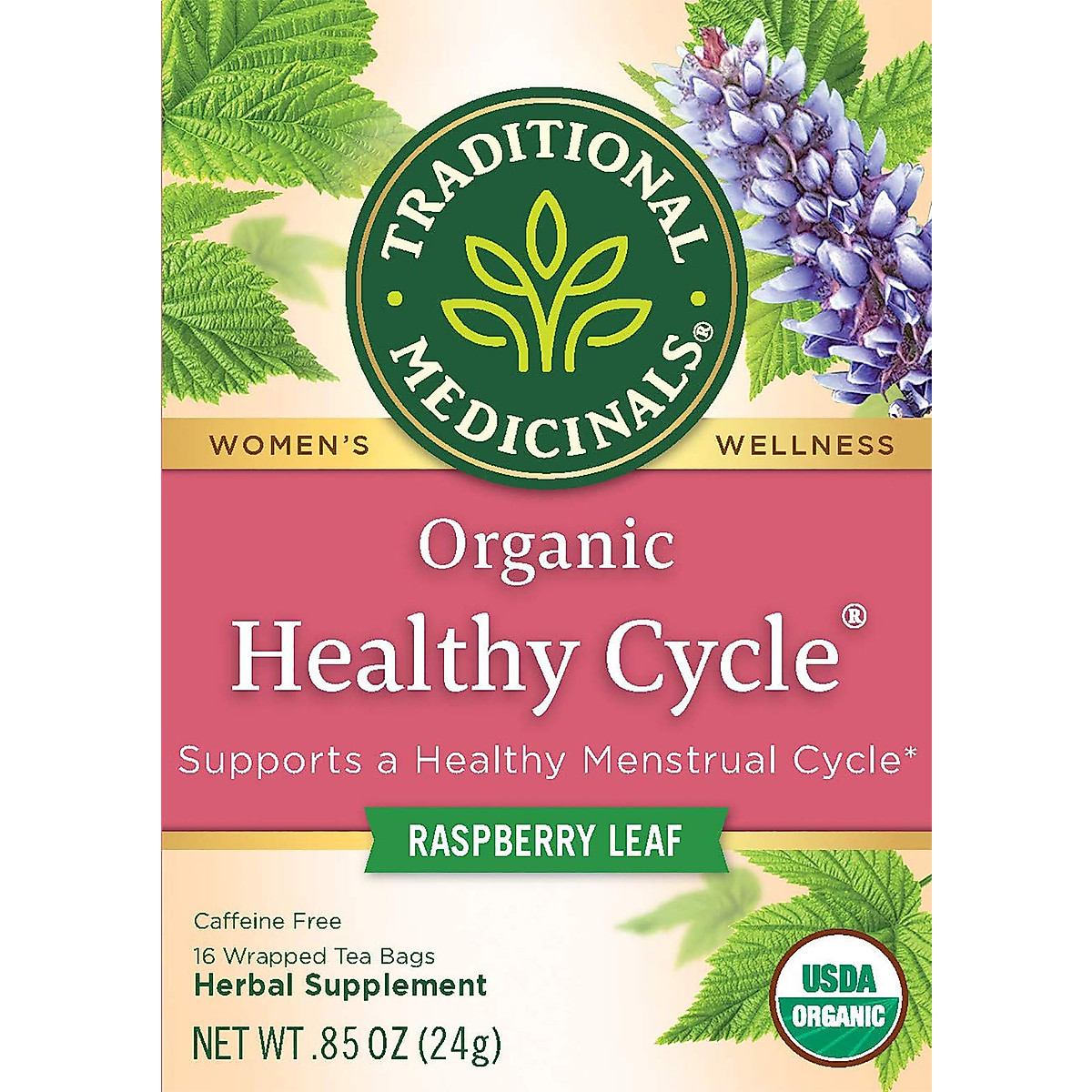 Traditional Medicinals Organic Healthy Cycle Raspberry leaf caffeine Free Herbal Tea 16 Ea 0.85 oz