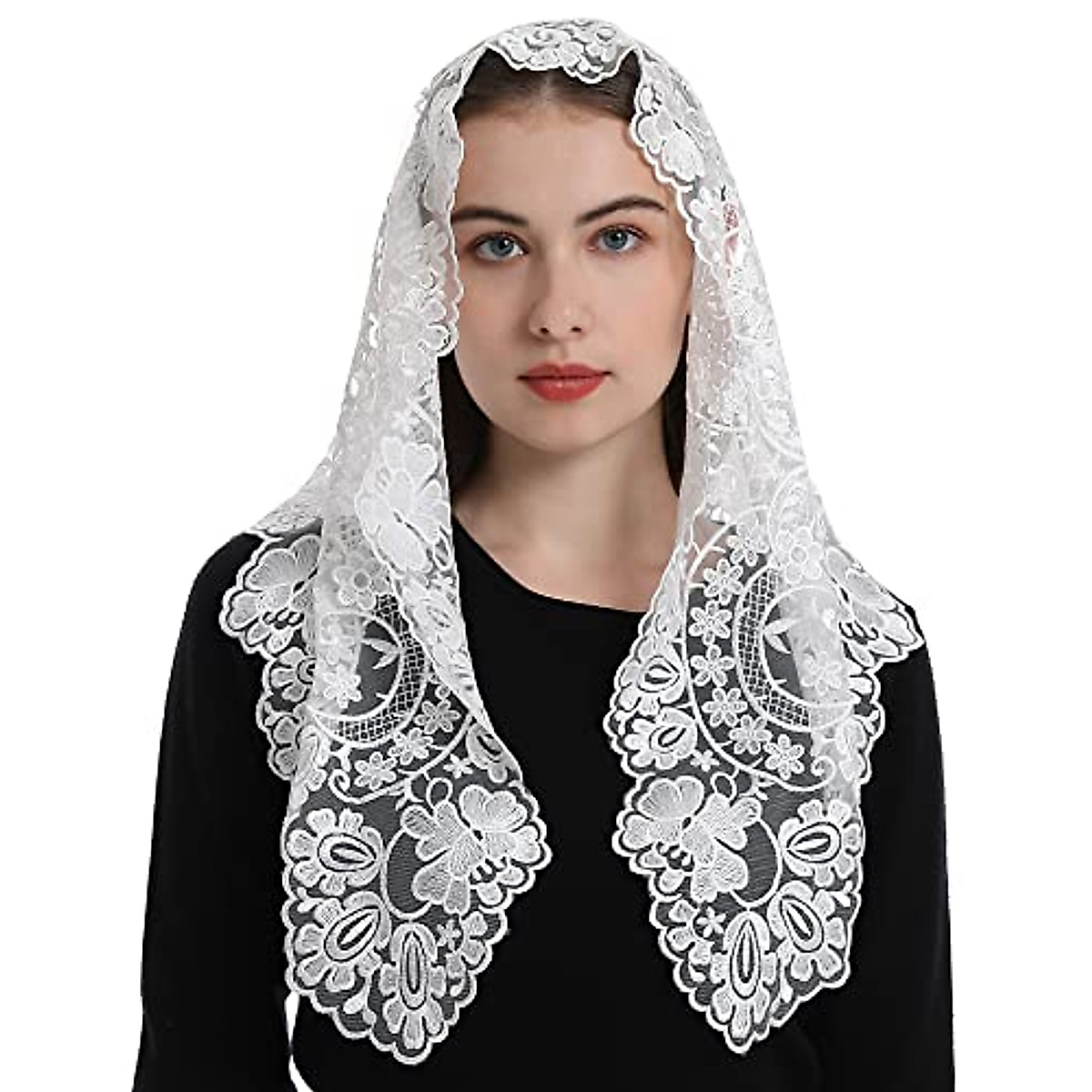 Bozidol Triangle Catholic Church Mantilla Veils for Religious Christian Floral Lace Scarf Shawl Veil with Hairclips (White)