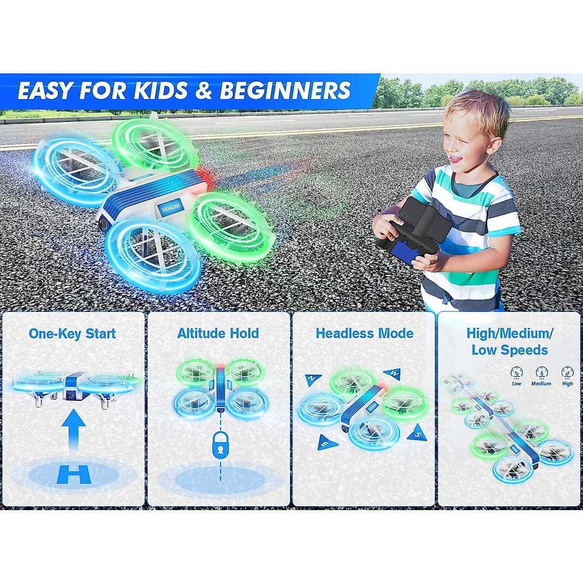 HASAKEE Drone with Camera 1080P HD FPV for Kids and Adults,Hobby RC Quadccopter for Beginners with Bright LED Light,Propeller Full Protect,2PCS Batteries,Kids Toy Easy to Play,M1S Drone