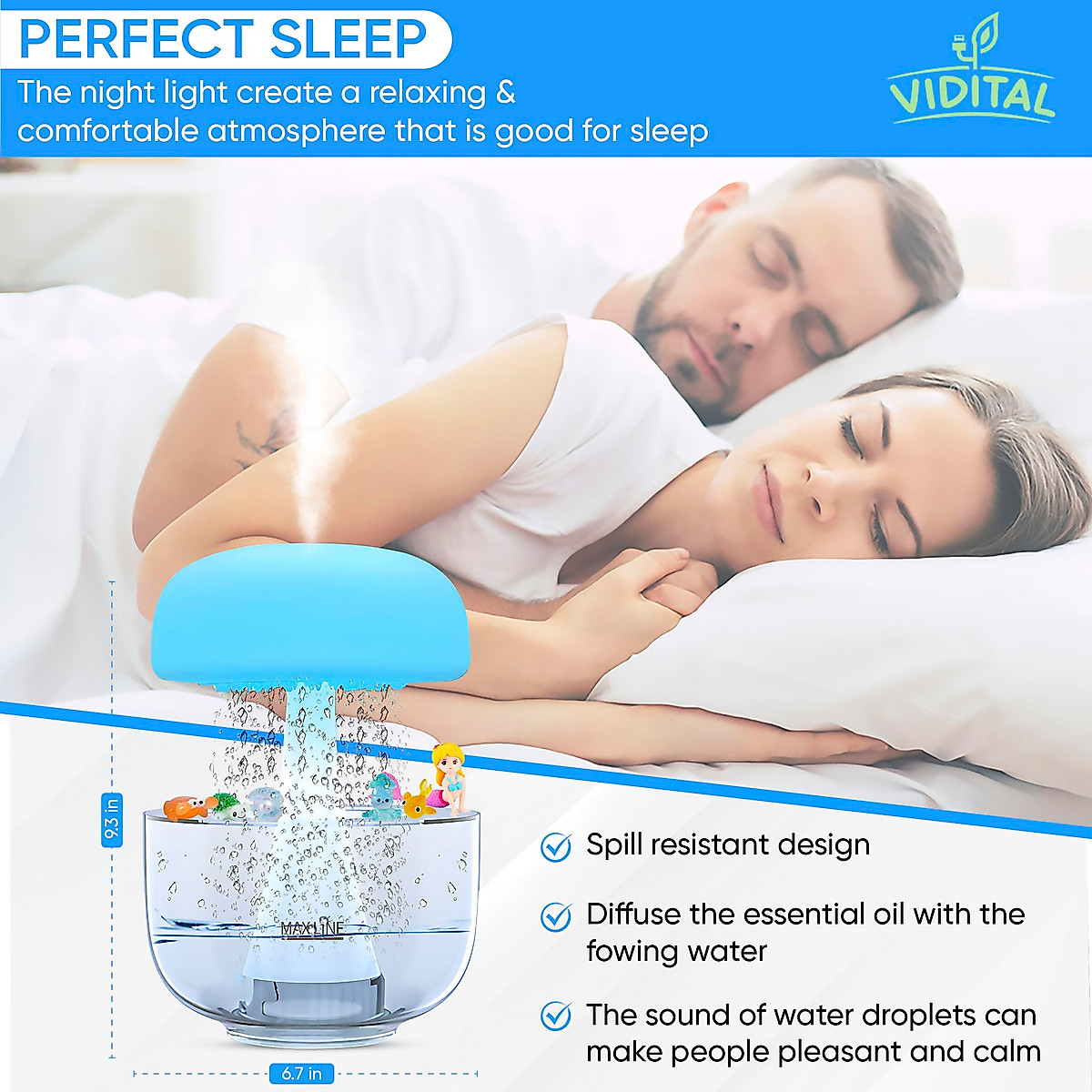 VIDITAL Raining Cloud Diffuser with Rain 7 Changing Colors, Rain Cloud Humidifier Night Light, White Noise, Relaxing Rain Sounds Aid, ECO-Friendly, 6 Decorations Included