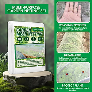 JCKHXG Garden Netting Kit, 10x30FT Ultra Fine Mesh Netting ＆6 Sets of 8FT Fiberglass Garden Hoops for Raised Beds, Vegetable Plants Fruits Flowers Birds Animals Barrier Protection Net