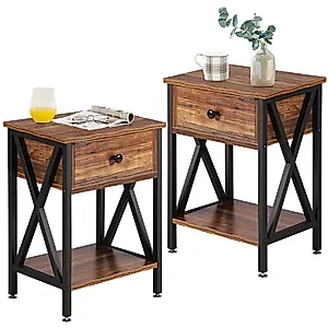 VECELO Night Stands for Bedroom Nightstand Bedside End Tables with Drawer Storage, (Set of 2), Rustic Brown