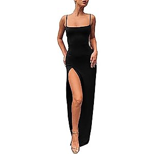 PRIMODA Women's Spaghetti Strap Backless Thigh-high Slit Bodycon Maxi Long Dress Club Party Dress(Black S)