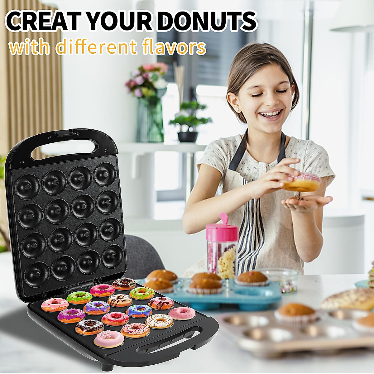 Mini Donut Maker, Mini pancakes maker Machine, Bake 16 Mini Doughnuts, Non-stick Surface, cake machine, Double-sided heating, Perfect for Breakfast, Snacks, Desserts & More