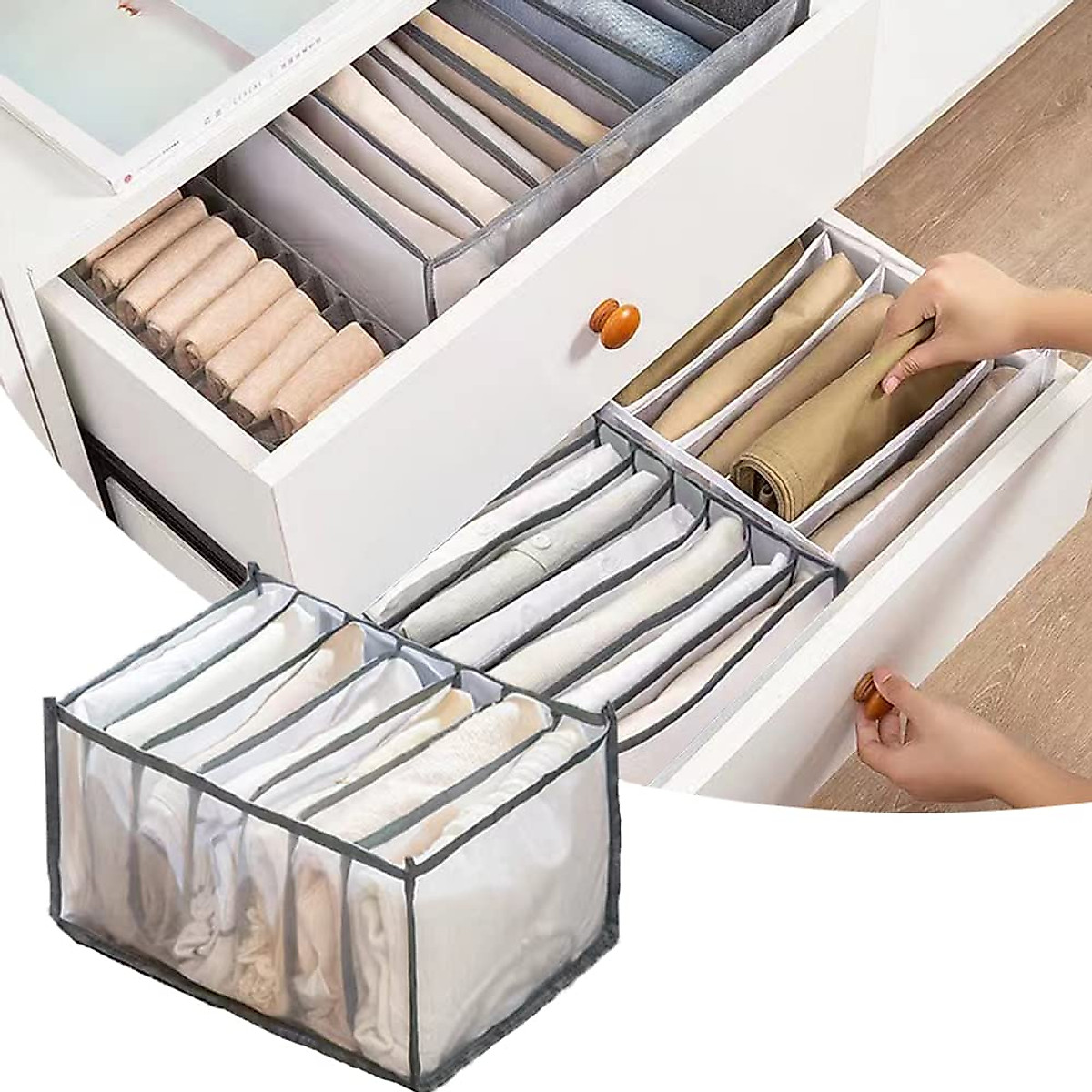 Wardrobe Clothes Organizer for Jeans, 7 Grids Clothes Drawer Organizers for Clothing, Pants Storage Organizer for Closets T-shirt,Legging,Skirts,Jeans,Kid Clothes (1 Pack Gray)