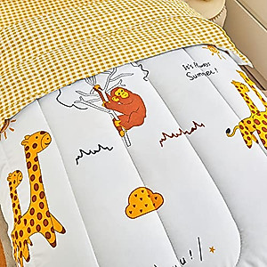 Flysheep 4 Piece White Toddler Bedding Set for Baby Girls and Boys, Cute Animals Printed - Includes Quilted Comforter, Flat Sheet, Fitted Sheet & Pillow Case, Soft Microfiber
