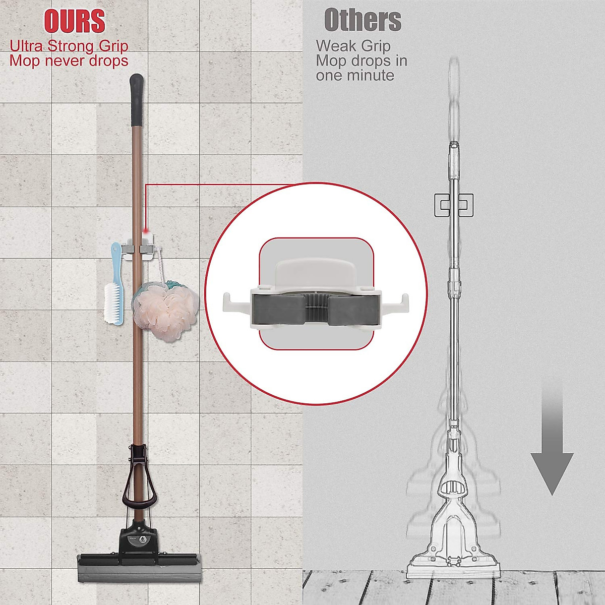 Aiamo Broom Mop Holder, Wall-Mounted Multi-Function Tools Hanger with, Handles Up Diameter to 1.25-Inches (4 PCS White)